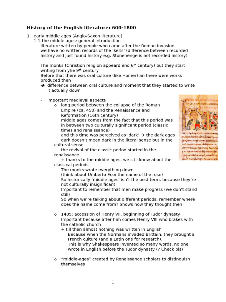 English Literature History: 600-1800 | PDF | Beowulf | King Arthur