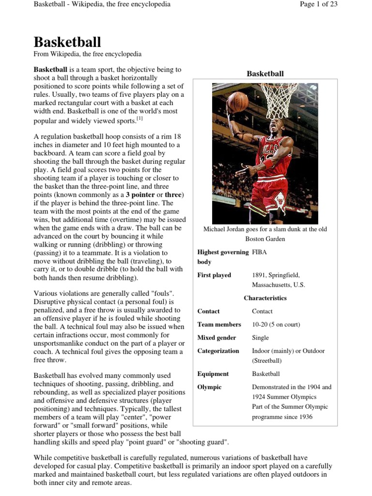 Basketball: Basketball Is A Team Sport, The Objective Being To | PDF ...