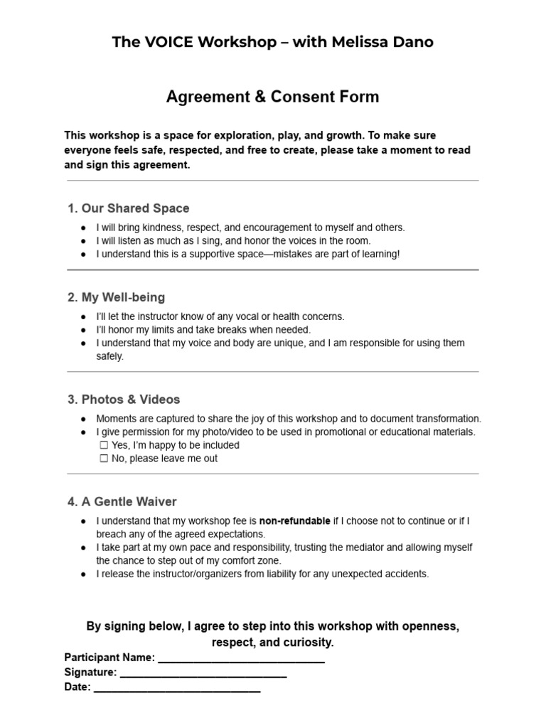 Agreement & Consent Form - The VOICE Workshop With Melissa Dano | PDF