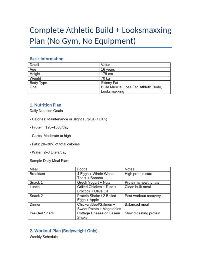 Athletic Build Looksmaxxing Plan Complete | PDF | Meal | Foods