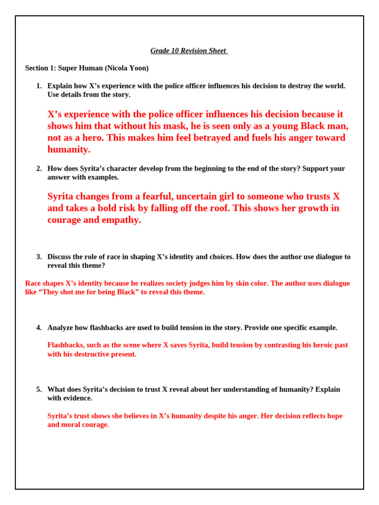 Revision Sheet Grade 10 | PDF