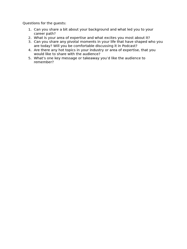 Podcast Guest Interview Questions | PDF