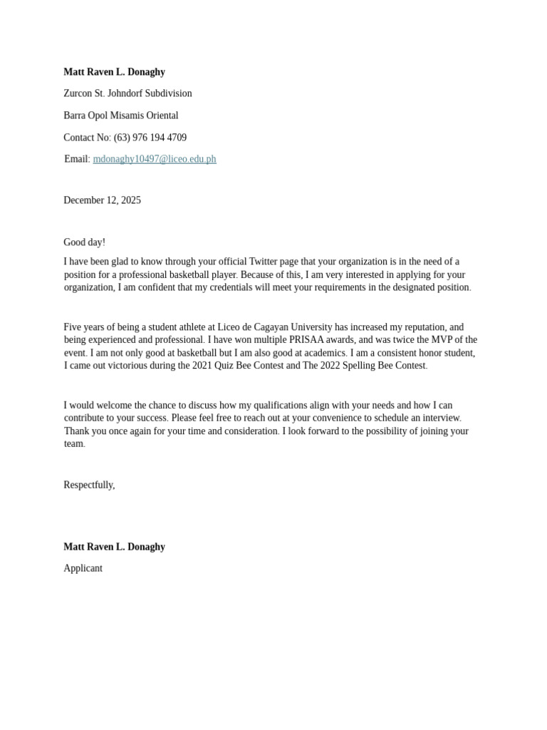 MATT RAVEN L. DONAGHY - Application Letter for Employment | PDF