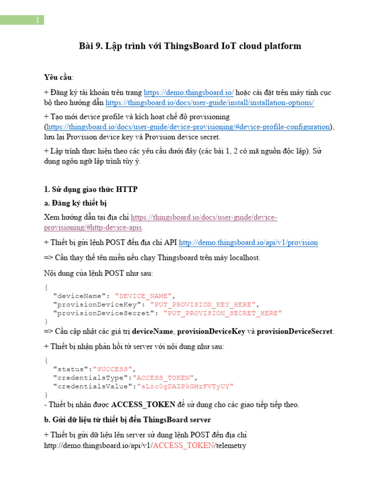 Bài 9. Lập Trình Với ThingsBoard IoT Cloud Platform | PDF