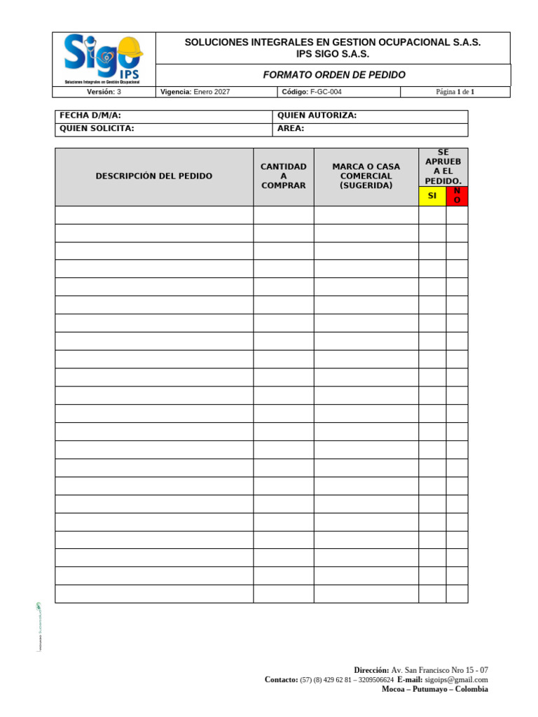 1. Formato Orden de Pedidos | PDF