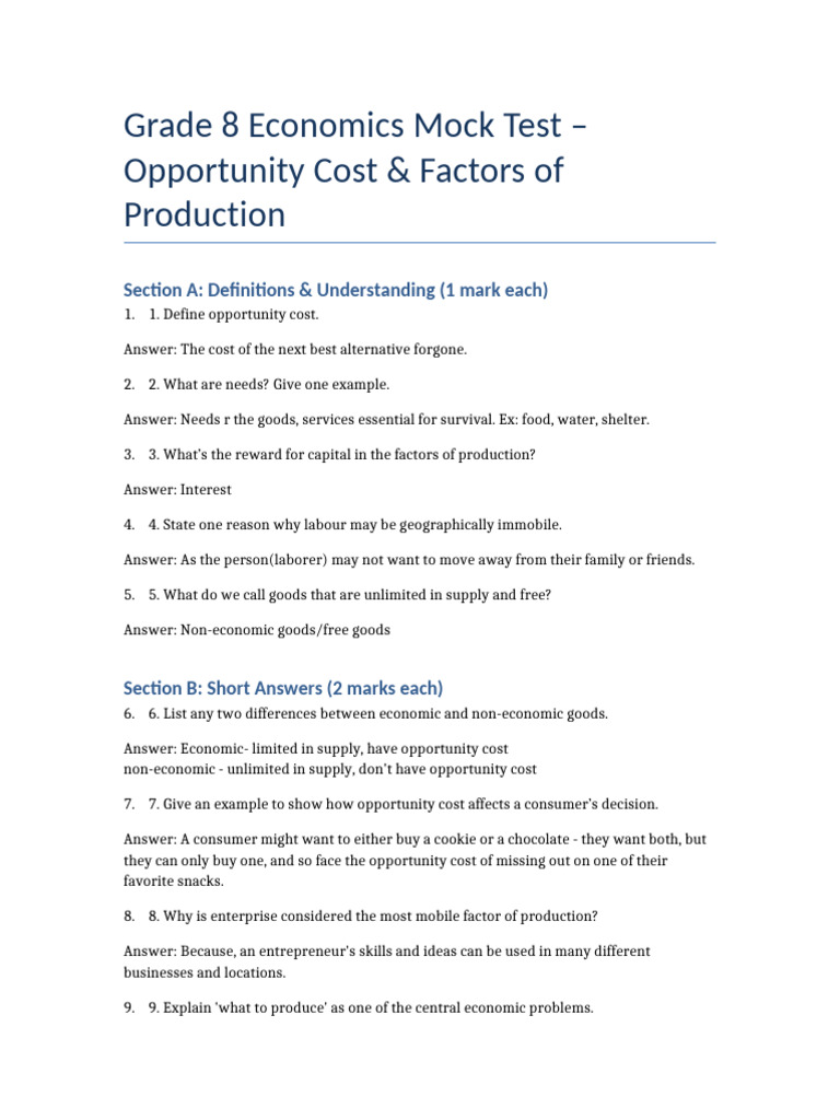 Grade 8 Economics Mock Test Guide | PDF | Opportunity Cost | Factors Of ...