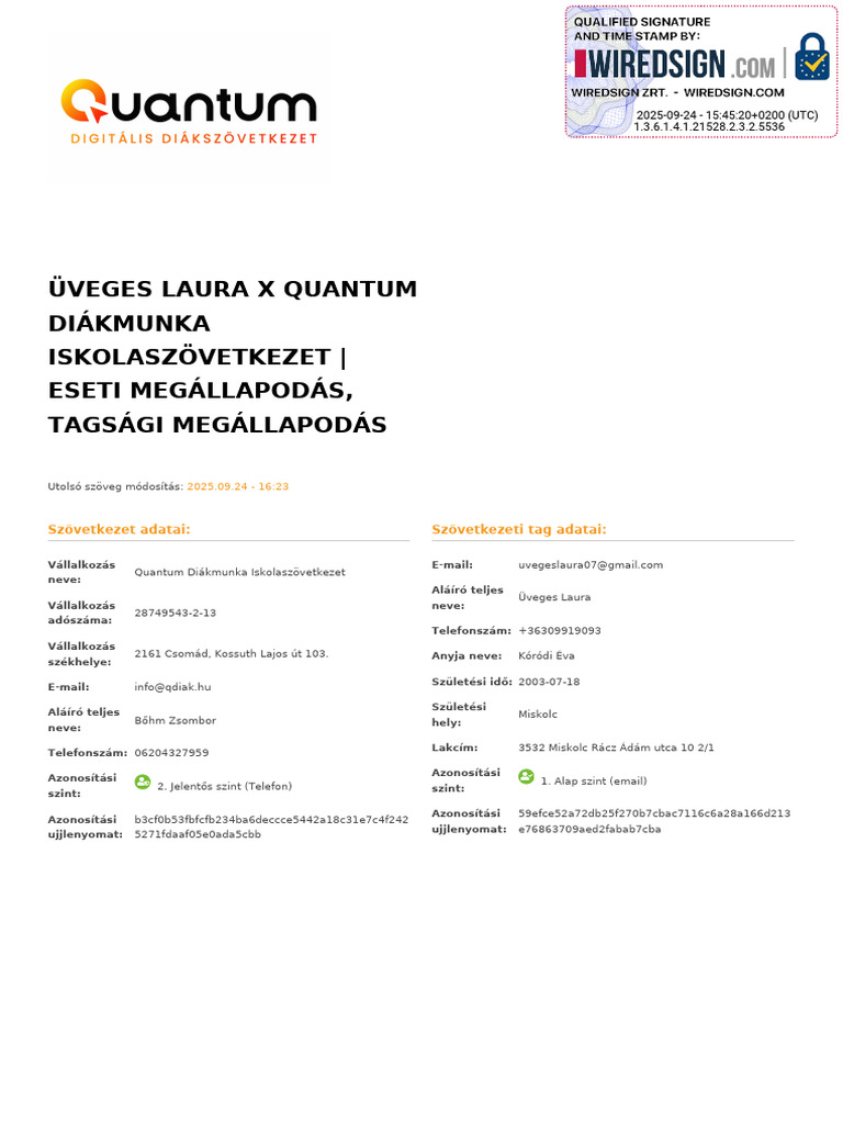 Üveges Laura X Quantum Diákmunka Iskolaszövetkezet - Eseti Megállapodás ...