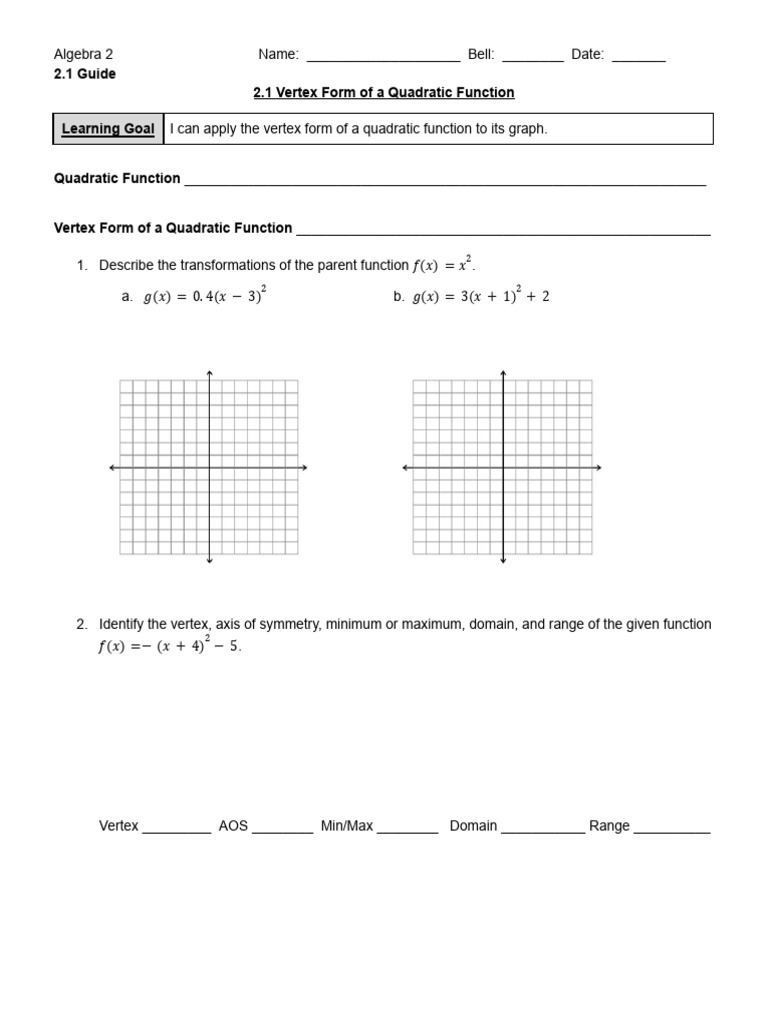 2.1 Notes Vertex Form of a Quadratic Function | PDF