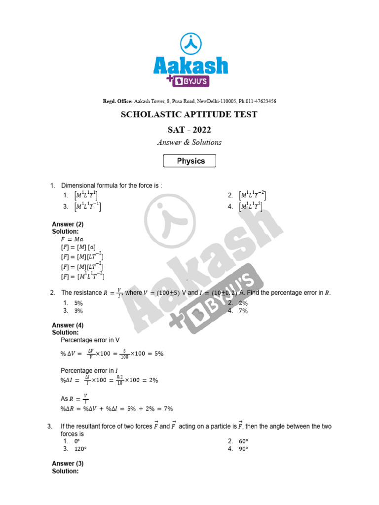 SAT 2022 Answer Key and Solutions | PDF | Acceleration | Electric Field