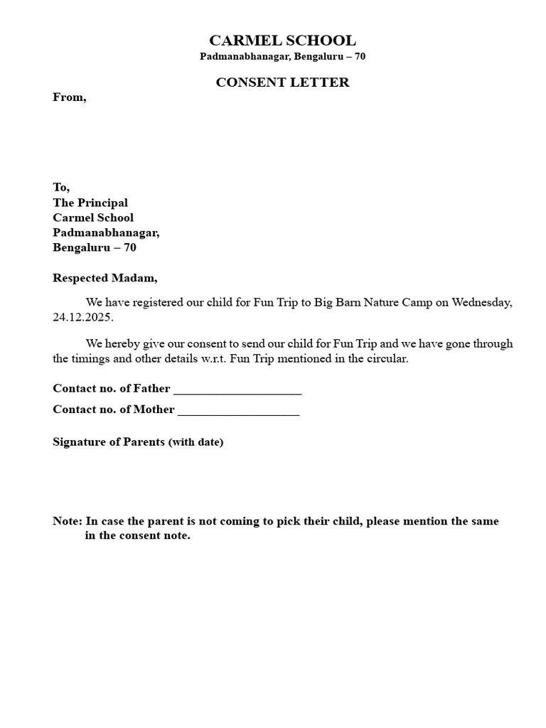 Consent Letter For Gr.10 Fun Trip | PDF