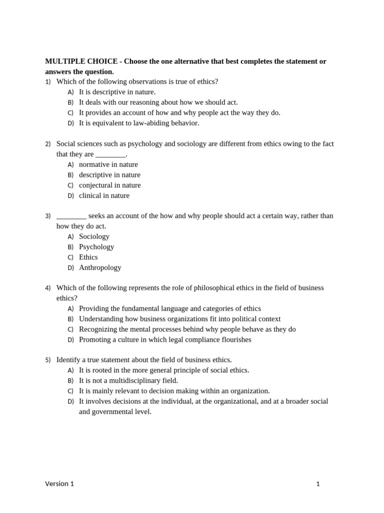 Ethics and Business Decision-Making Quiz | PDF | Value (Ethics ...