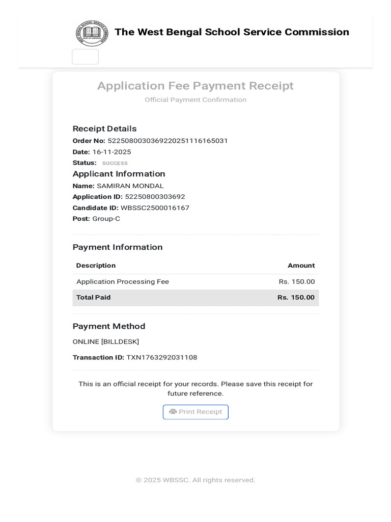 WBSSC Application Fee Receipt | PDF