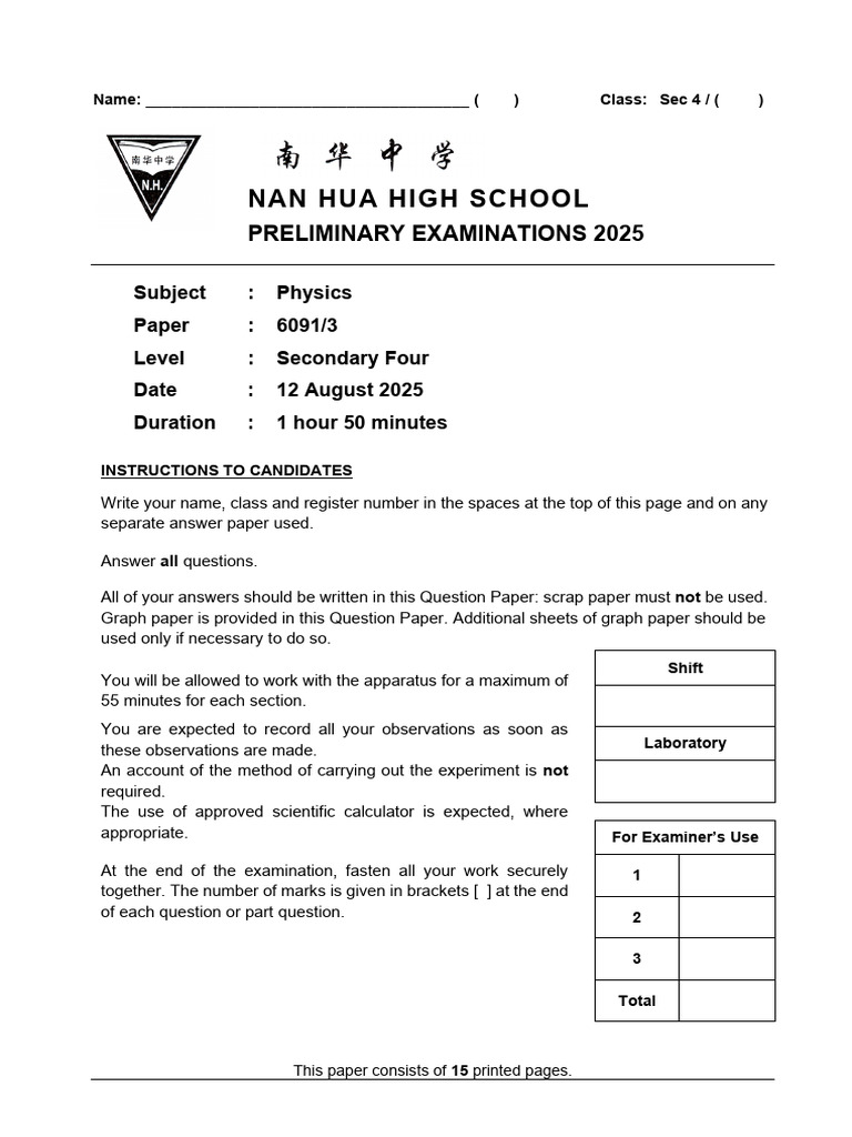 Secondary 4 Express Nan Hua Pure Physics Paper 3 2025 | PDF