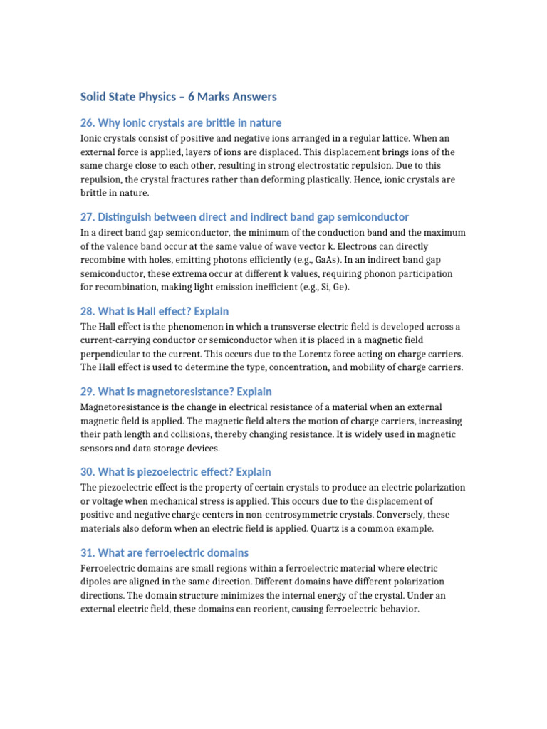 Solid State Physics 6 Marks Answers 26 34 | PDF | Band Gap | Electron