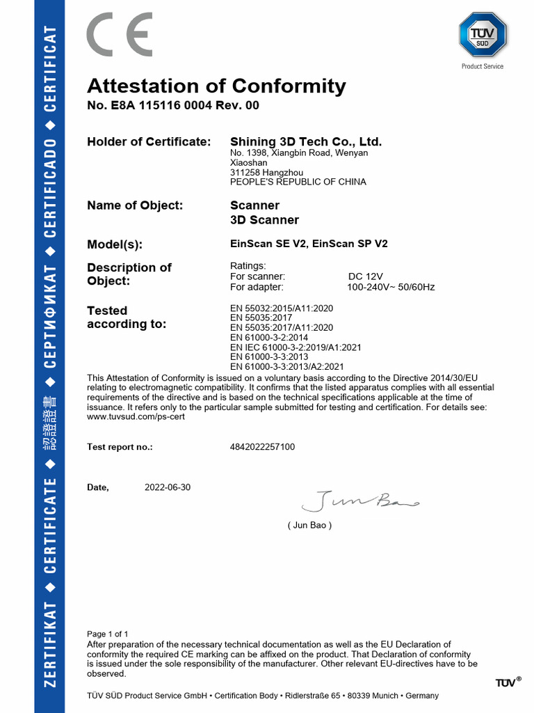Ce Declaration EINSCAN-SE V2 65c8f5509ec48 | PDF