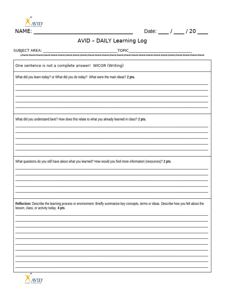 AVID Daily Learning Log Template | PDF
