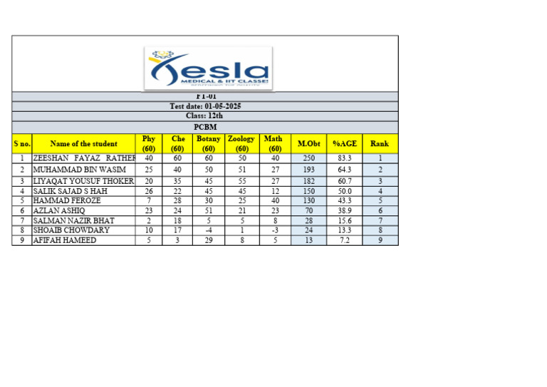 Class 12th Pcbm Ft-01 Result | PDF