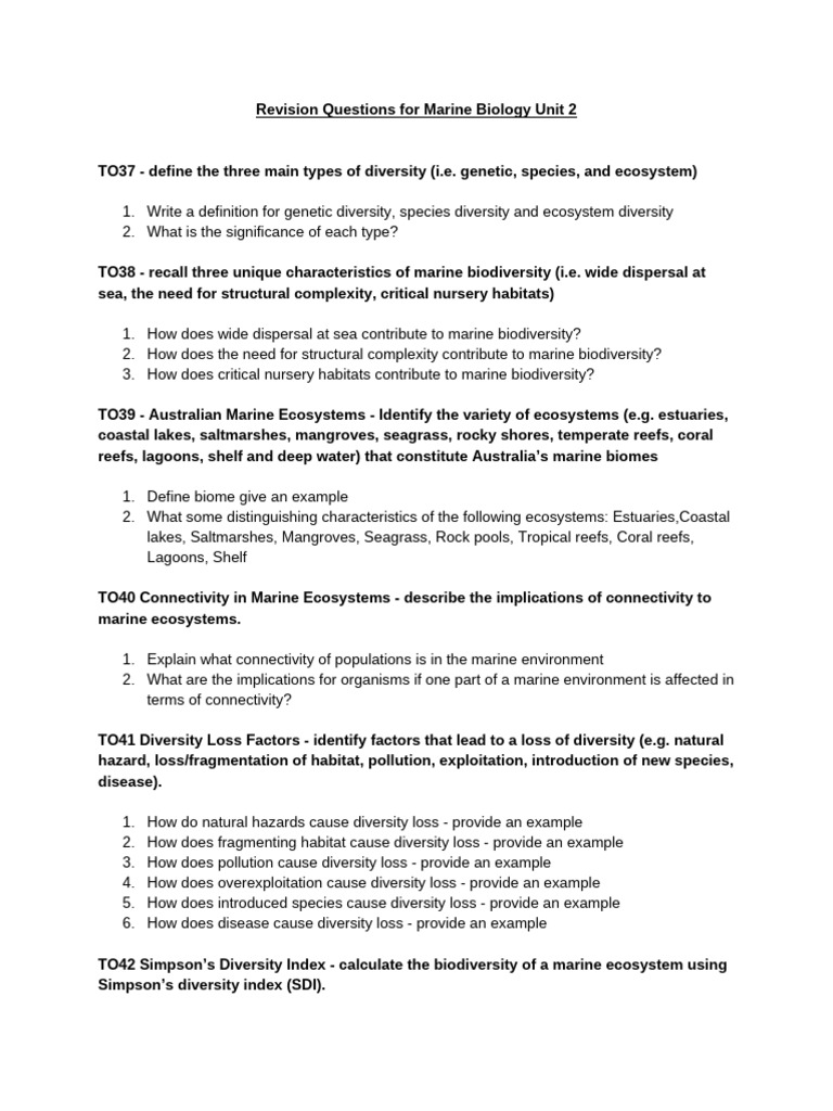 Revision Questions for Marine Biology Unit 2 | PDF | Biodiversity ...