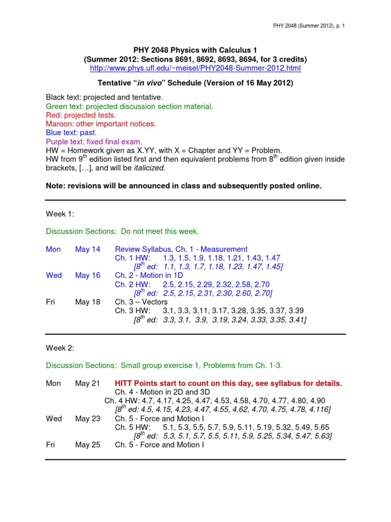 PHY 2048 Physics With Calculus 1 (Summer 2012: Sections 8691, 8692, 8693, 8694, For 3 Credits ...