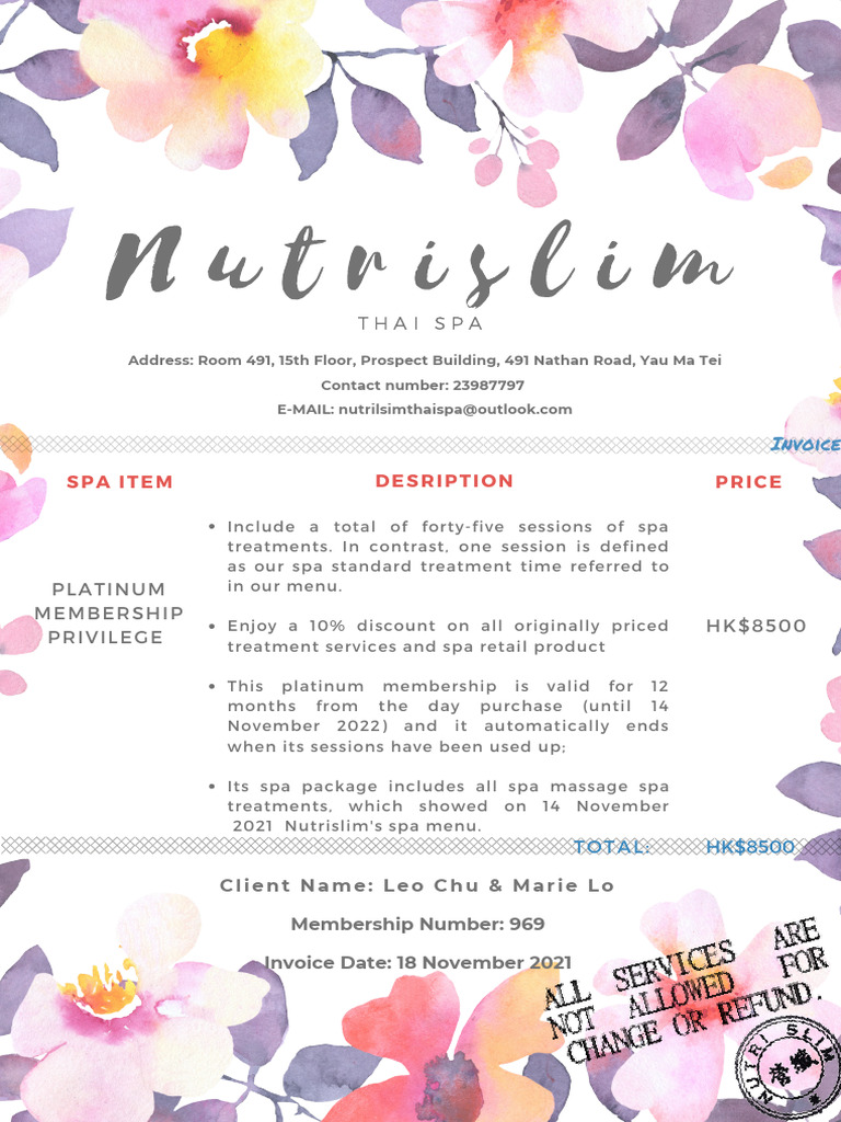 Nutrislim Thai Spa Platinum Membership | PDF | Massage | Clinical Medicine
