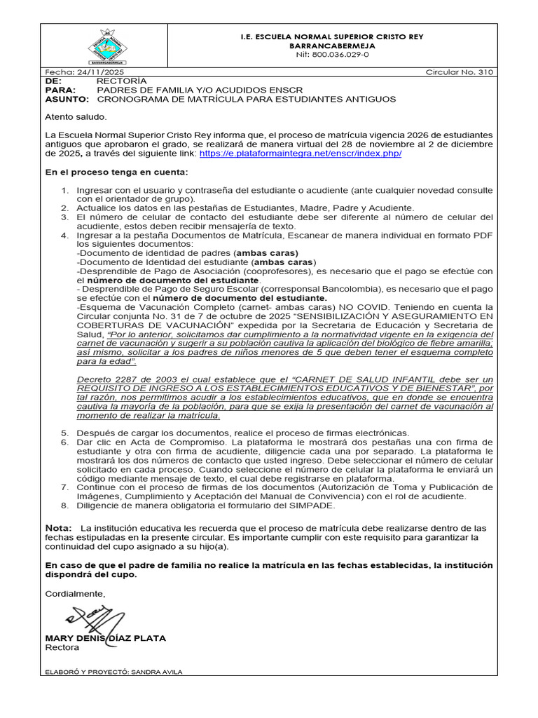 CIRCULAR No. 310- CRONOGRAMA MATRÍCULA ESTUDIANTES ANTIGUOS 2026. | PDF
