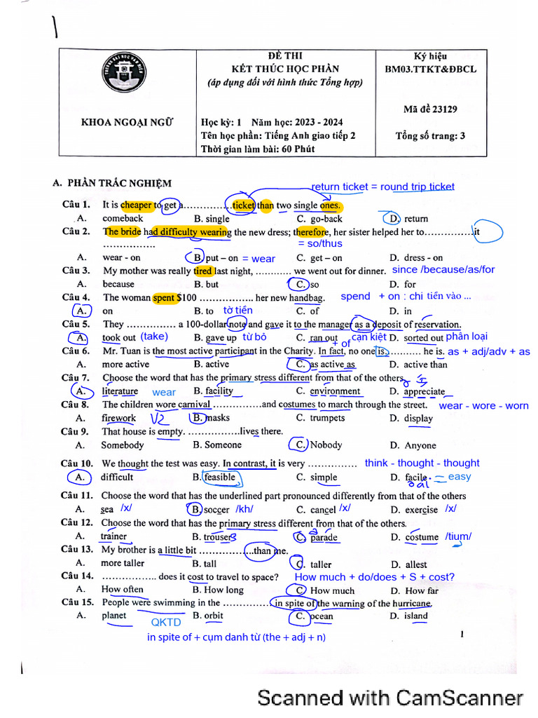 ĐỀ 1 - AVGT2 - Mã đề 2319 - 022132 - KEY | PDF