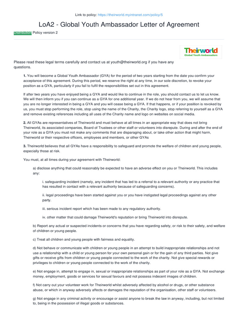 Global Youth Ambassador Letter of Agreement | PDF | Copyright | Patent