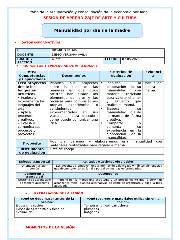 Manualidad Creativa para el Día de la Madre | PDF | Evaluación ...