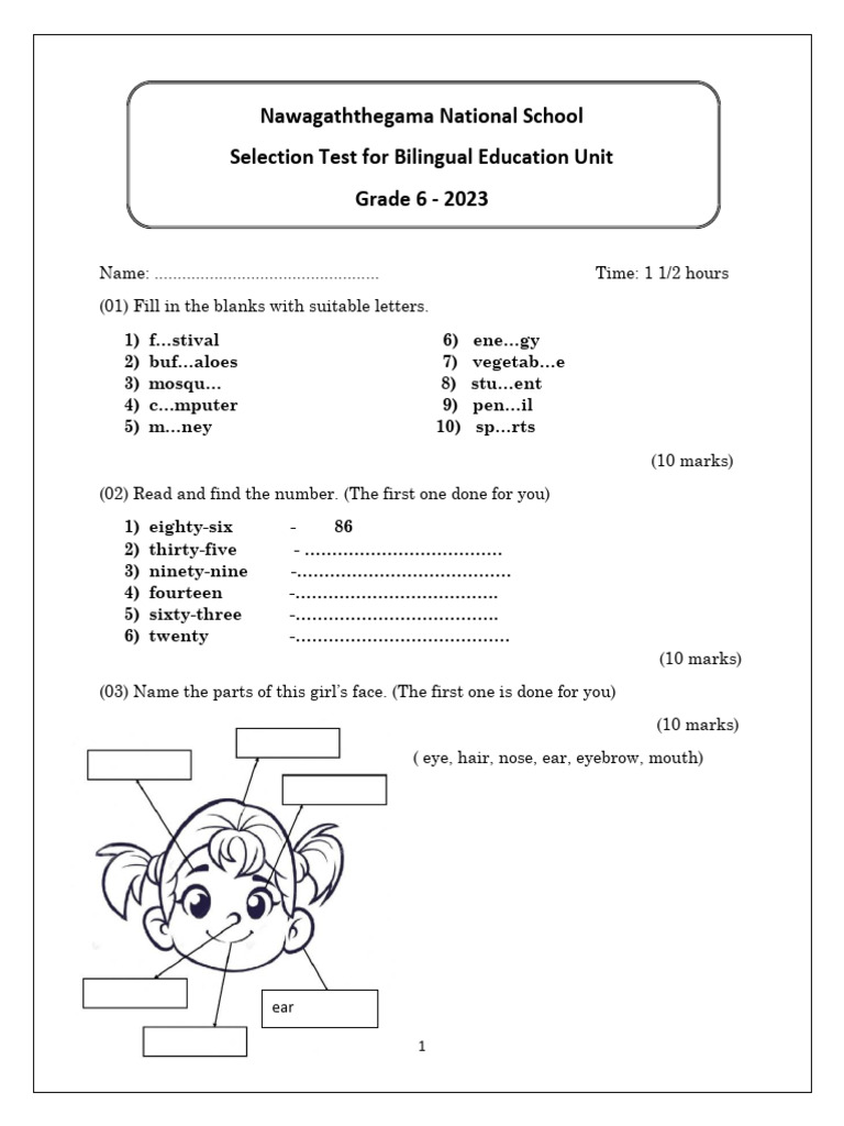 2023 Selection Test Grade 06 | PDF | Christmas | December Observances