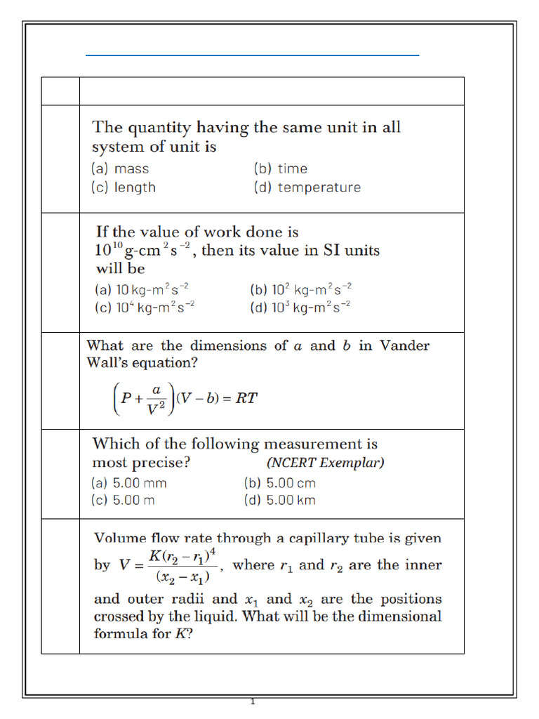 Physics Units and Measurements Worksheet | PDF