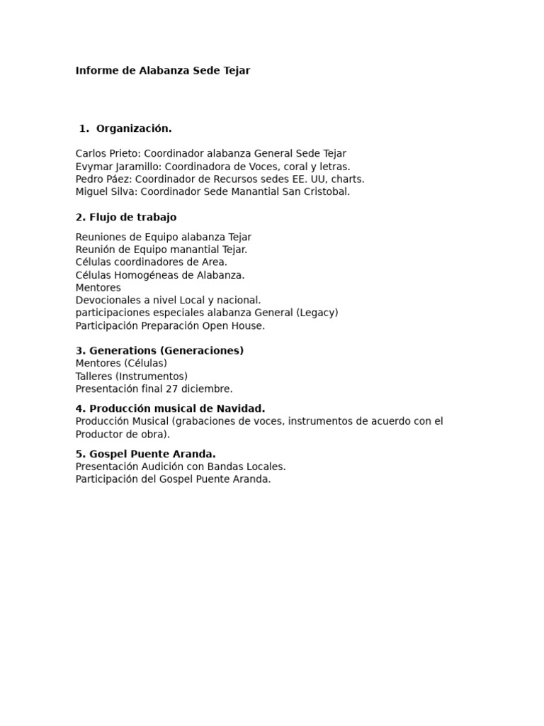 Informe Alabanza Sede Tejar 2023 | PDF