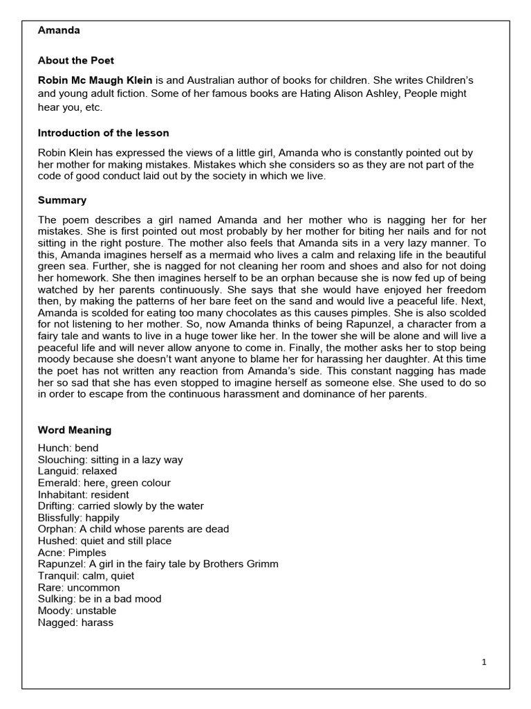 Amanda Detail Notes | PDF | Rapunzel | Poetry