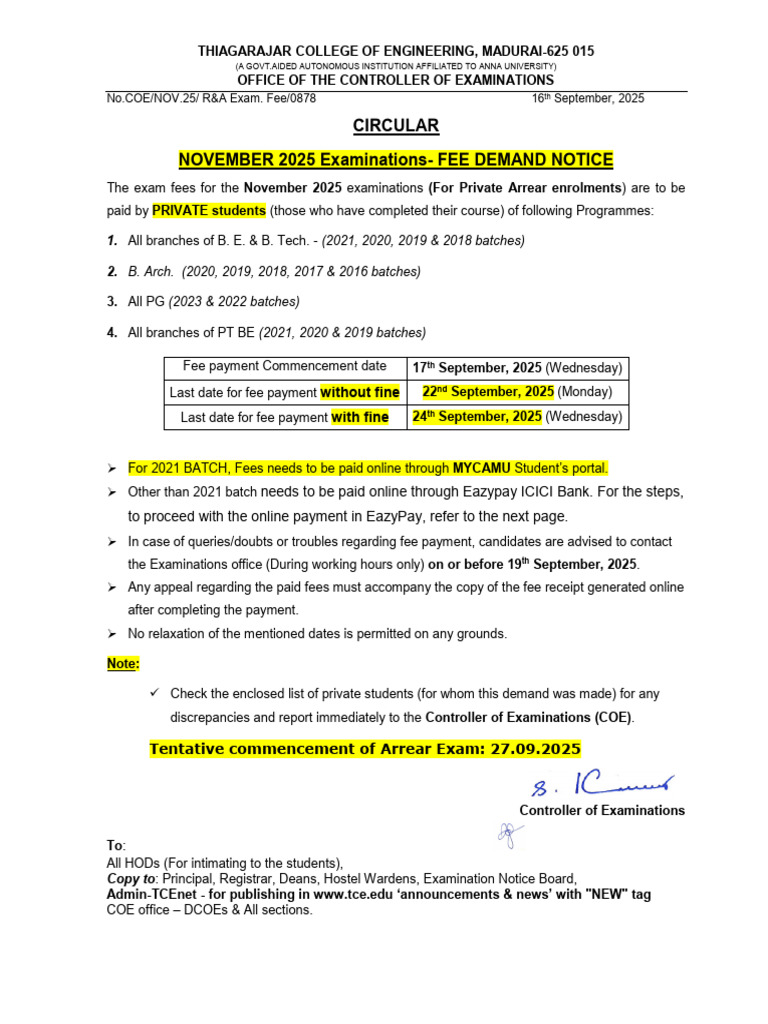 0878 Novermber 2025 Examination Fee Demand Circular For Private Ug PG ...
