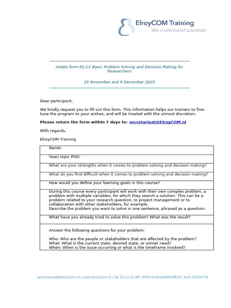 Intake Form Basic Problem Solving and Decision Making | PDF