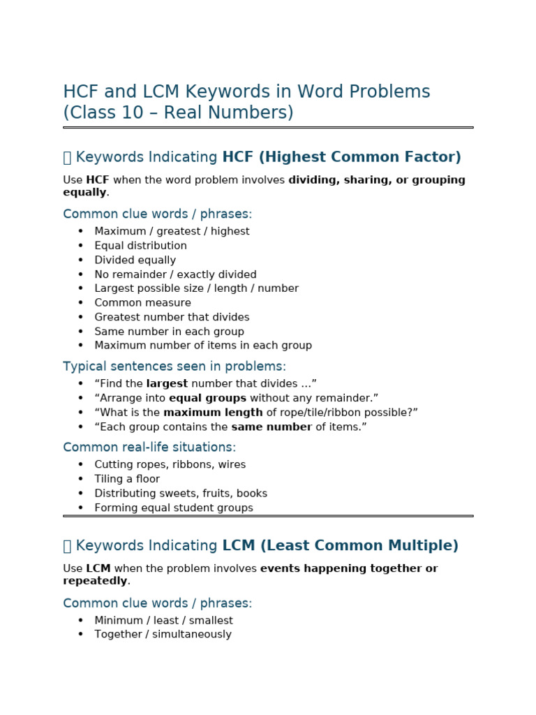 HCF and LCM Keywords for Word Problems | PDF