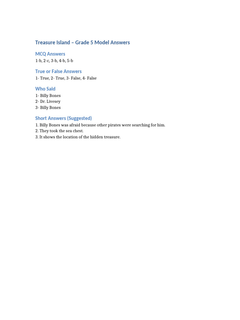 Treasure Island Grade 5 Teacher Answers | PDF