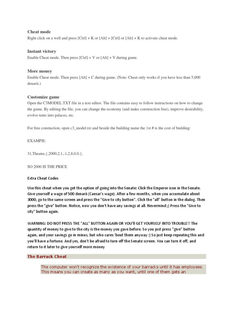 Cheat Mode Caesar 3 | PDF | Cheating In Video Games | Computing