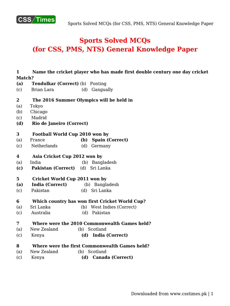 Sports Solved Mcqs for Css Pms Nts General Knowledge Paper | PDF ...
