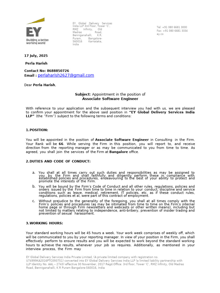 EY Associate Software Engineer Offer Letter | PDF | Insurance ...