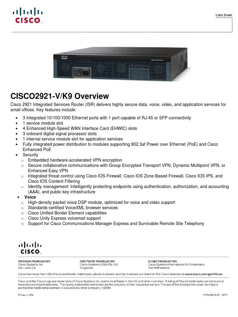 Cisco 2921 ISR Router Features & Specs | PDF | Business | Technology ...