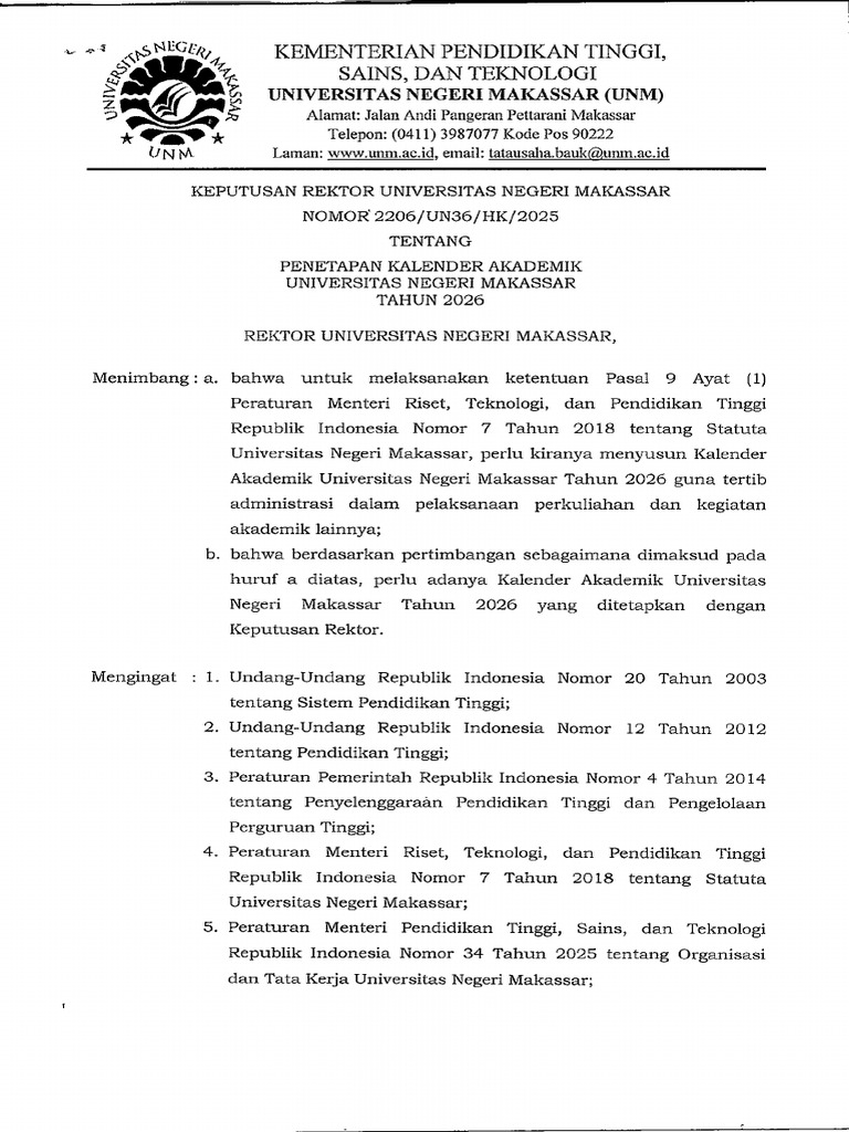 Penetapan Kalender Akademik Unm Tahun 2026 | PDF