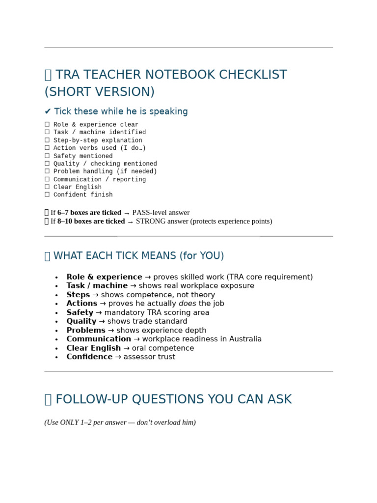 Checklist and Follow Up Questions Tra | PDF