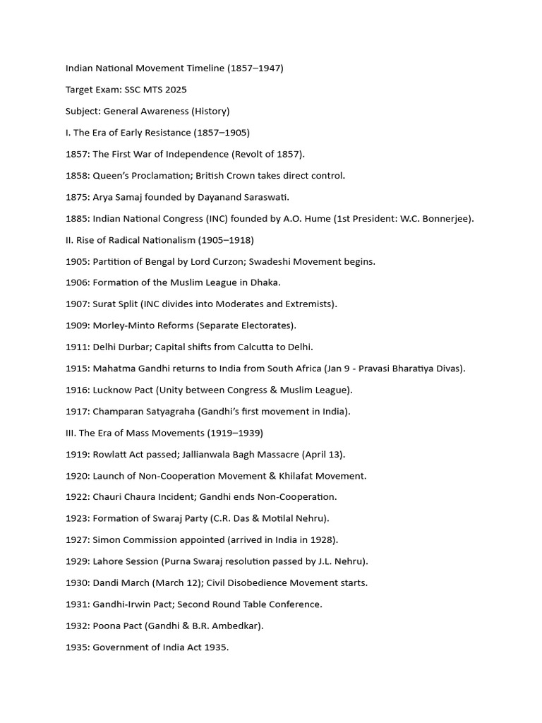 Indian National Movement Timeline 1857-1947 | PDF