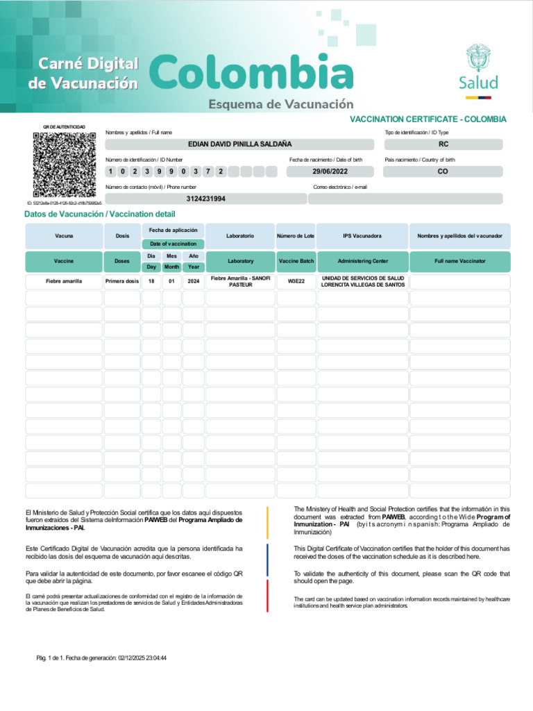 Vaccination Certificate - Colombia: Edian David Pinilla Saldaña RC ...