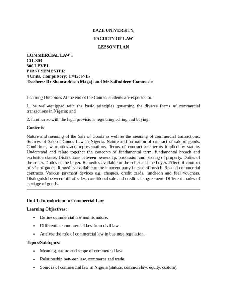 Commercial Law I Lesson Plan Overview | PDF | Negotiable Instrument ...