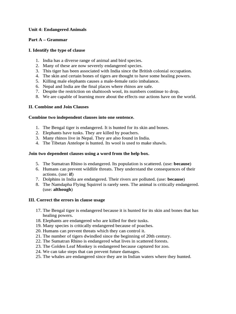 Endangered Animals: Grammar & Conservation | PDF | Endangered Species ...