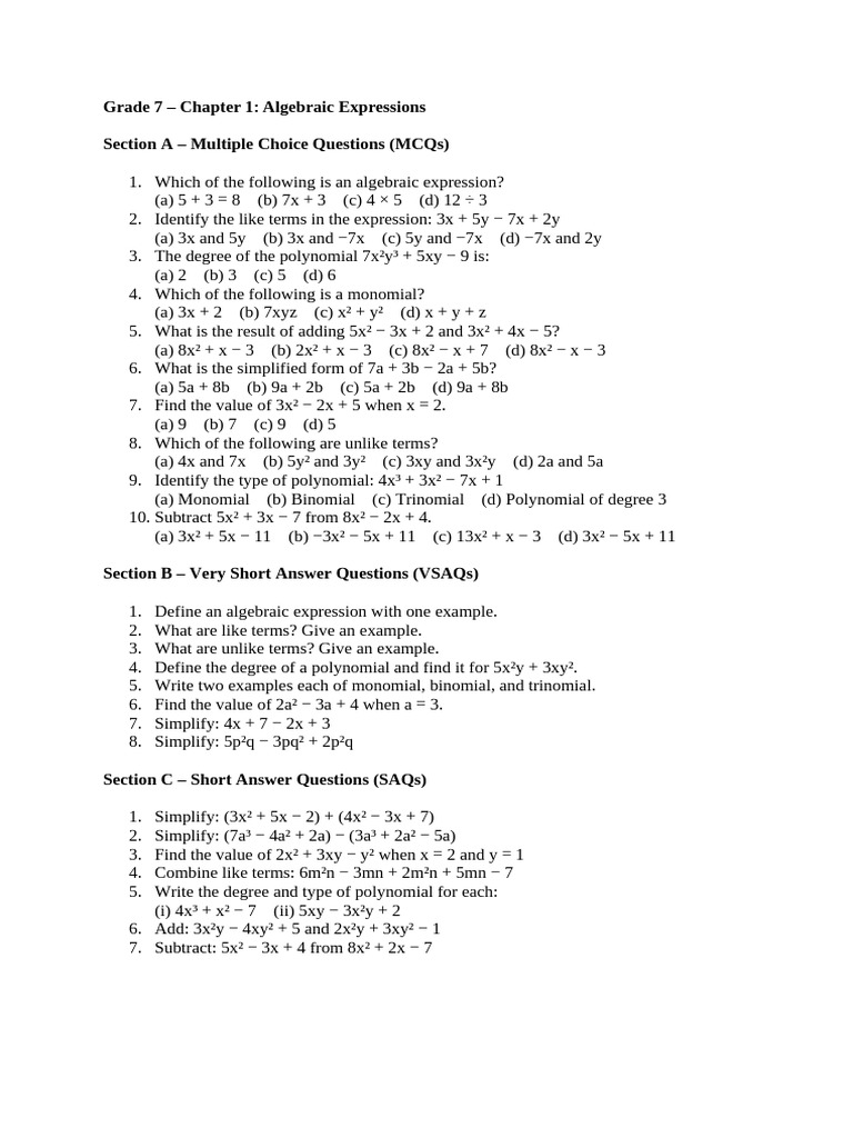 Grade 7 Algebraic Expressions MCQs | PDF | Polynomial | Area