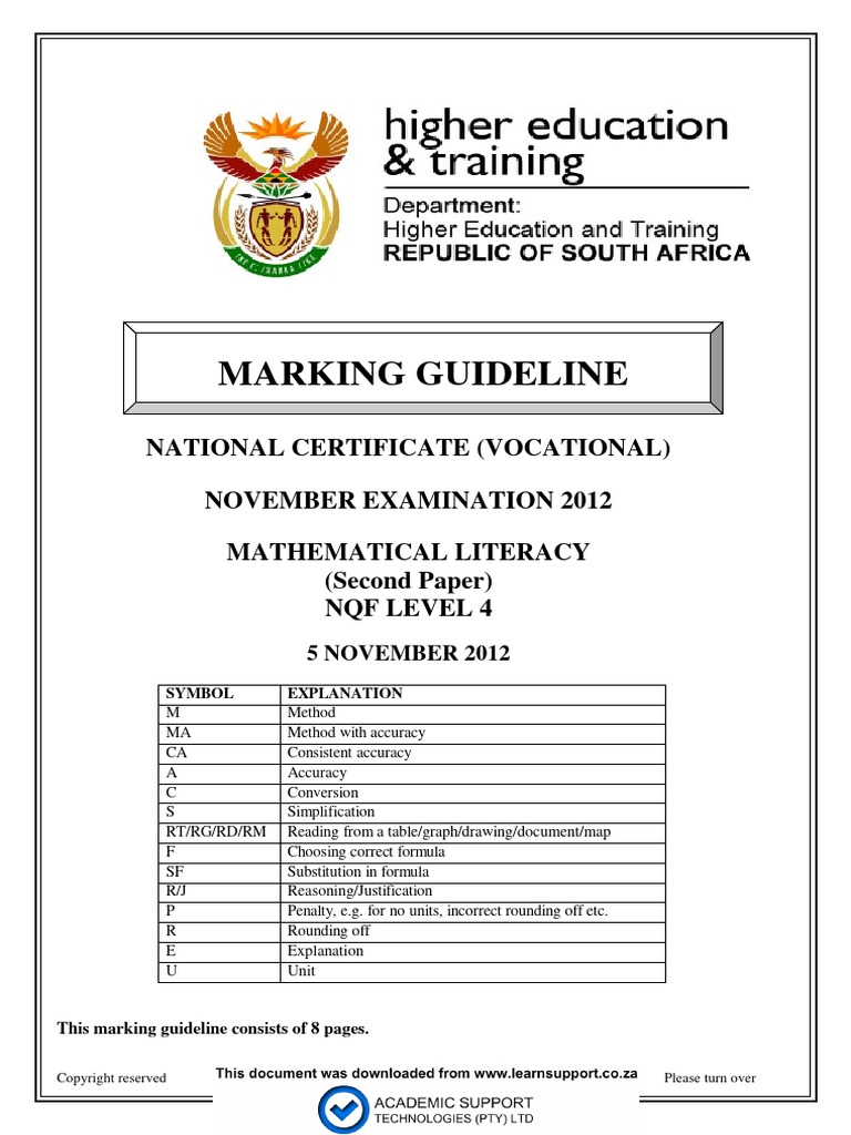 2012 Math Lit L4 P2 Nov Marking Guideline | PDF