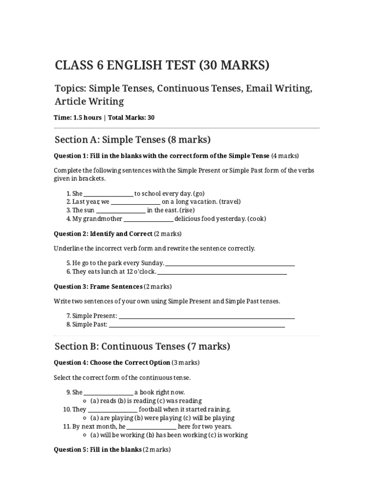Class 6 English Test: Tenses & Writing | PDF