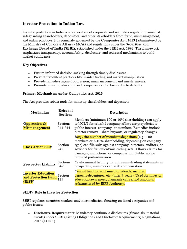 Investor Protection in Indian Law | PDF | Securities (Finance ...